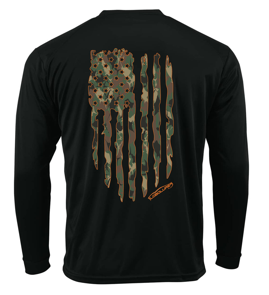 Lobo Lures Pelagic Woodland Camo American Flag Performance UPF50+ Dri-